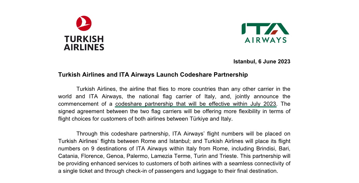 Turkish Airlines e ITA Airways tendrán código compartido a partir de ...