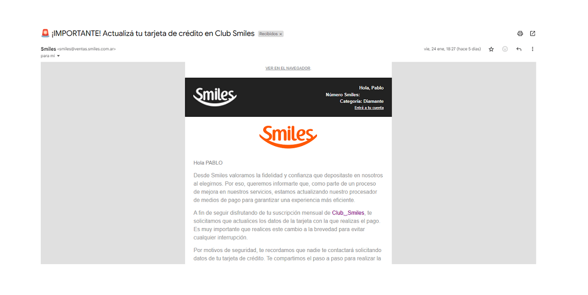 Smiles Argentina avisa por email que cambies tu tarjeta de crédito en ...
