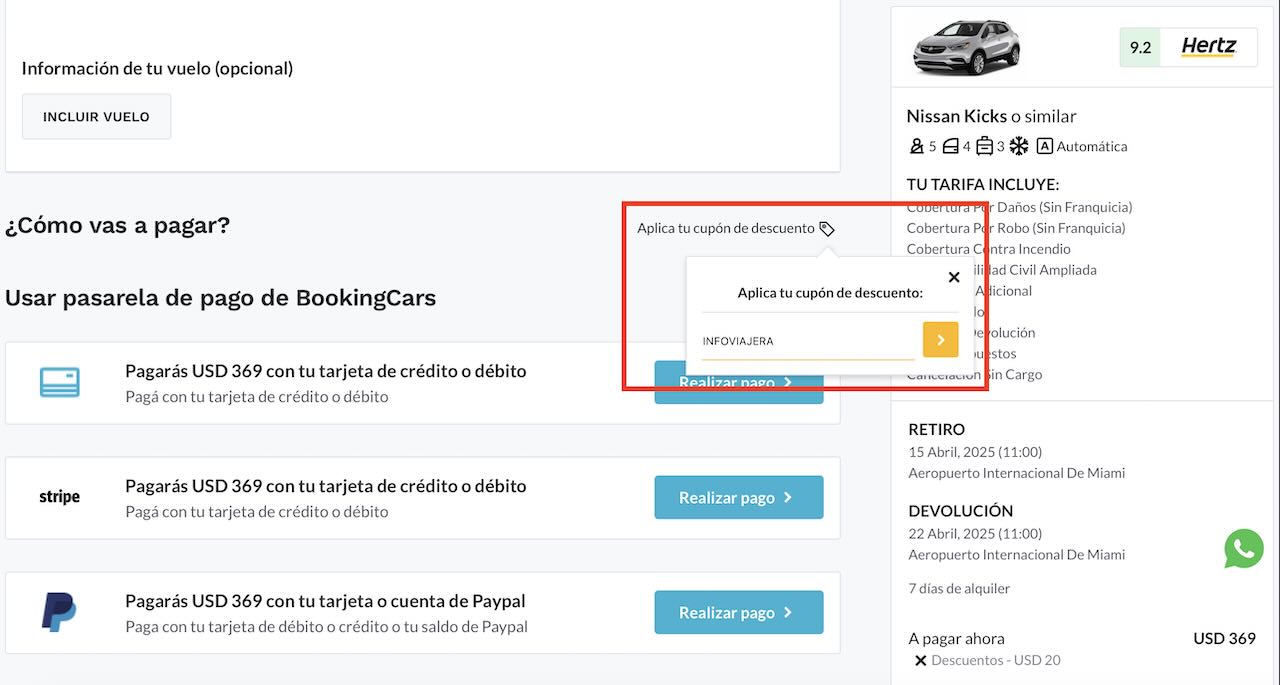 Descuento en tu alquiler de auto con el cupón de BookingCars - Info Viajera